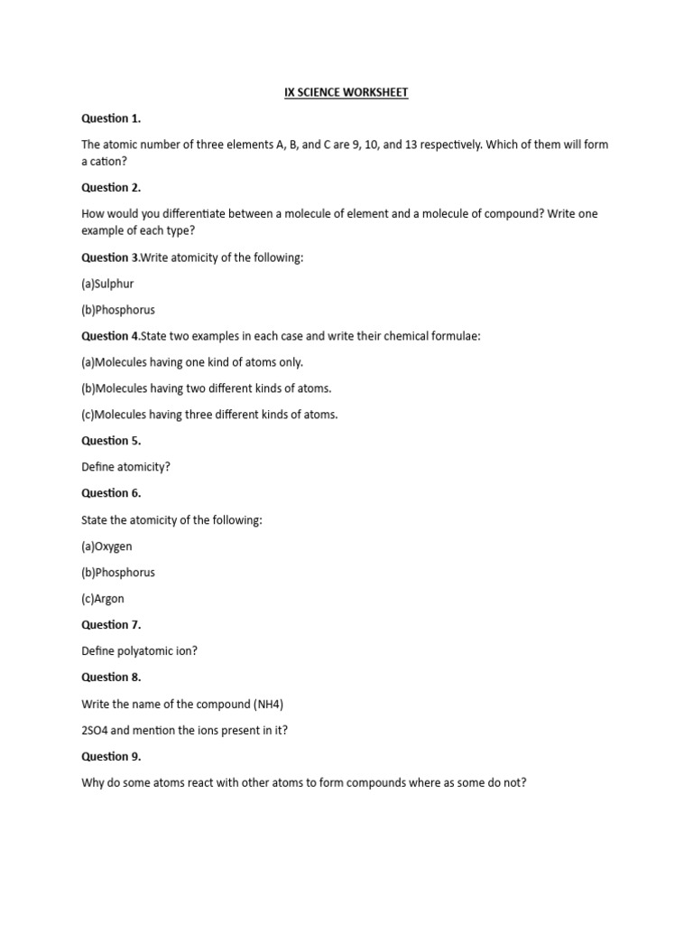 Ix Science Worksheet | PDF
