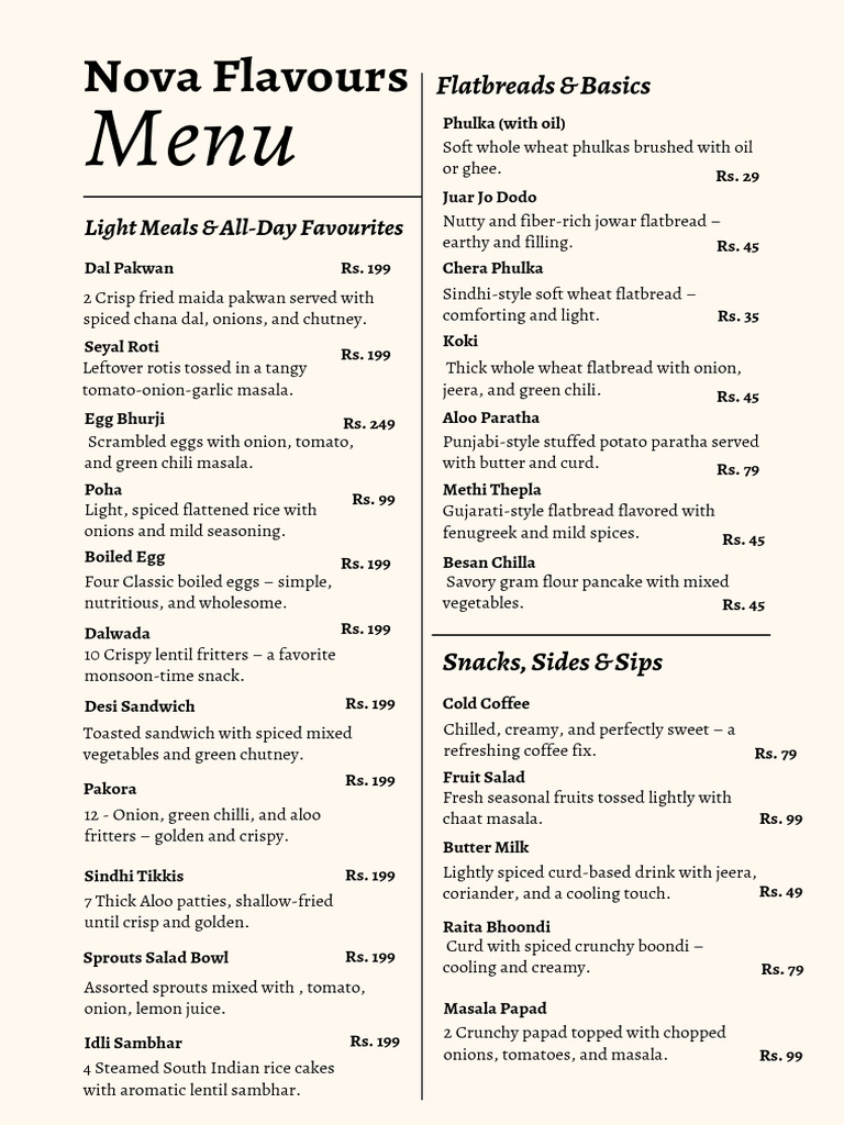 Nova Flavours: Light Meals Menu | PDF | Indian Cuisine | Curry