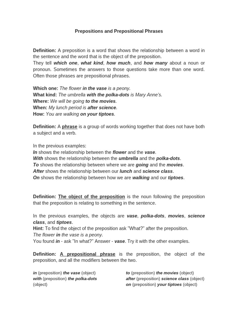 Prepositions and Prepositional Phrases | PDF | English Grammar | Object ...