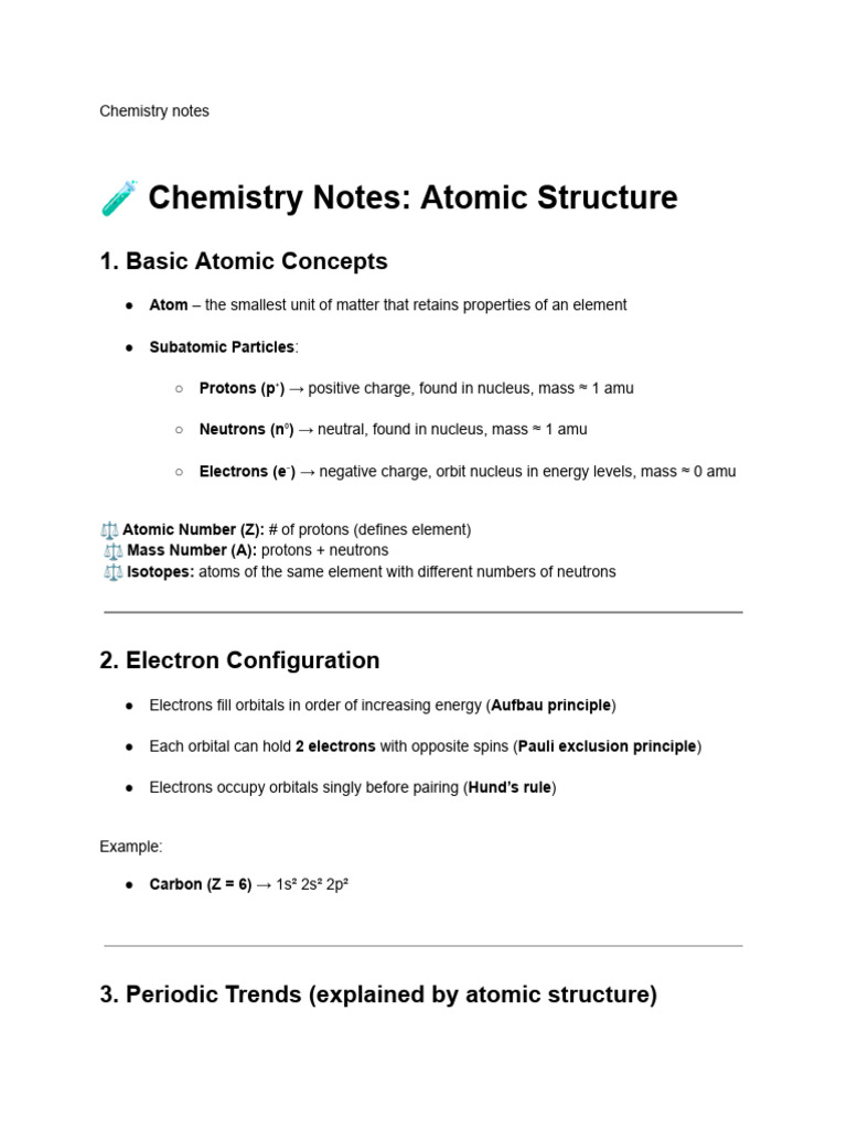 Chemistry Notes: Atomic Structure Basics | PDF