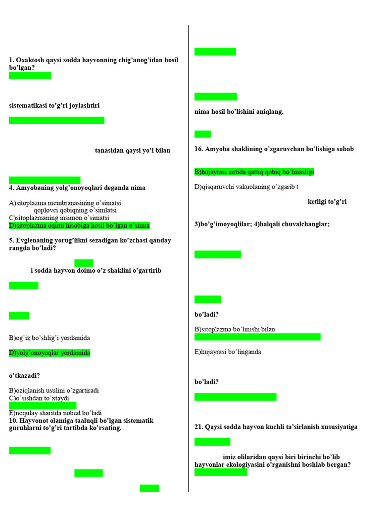 Zool Test Javob | PDF