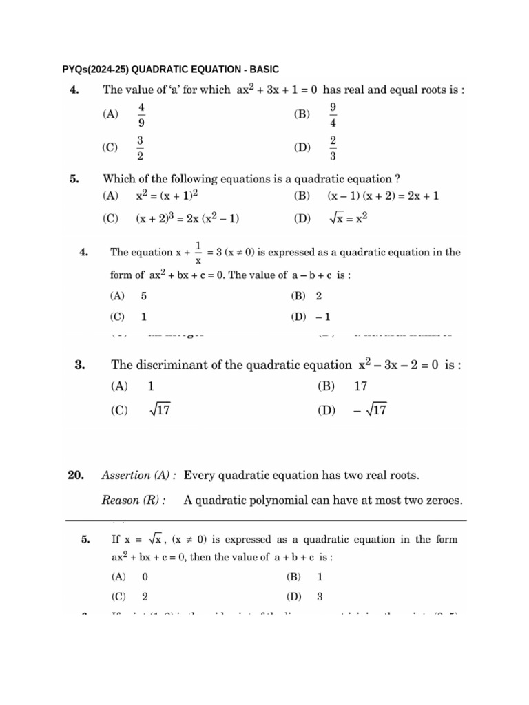 Pyqs (2024-25) Quadratic Equation - Basic | PDF