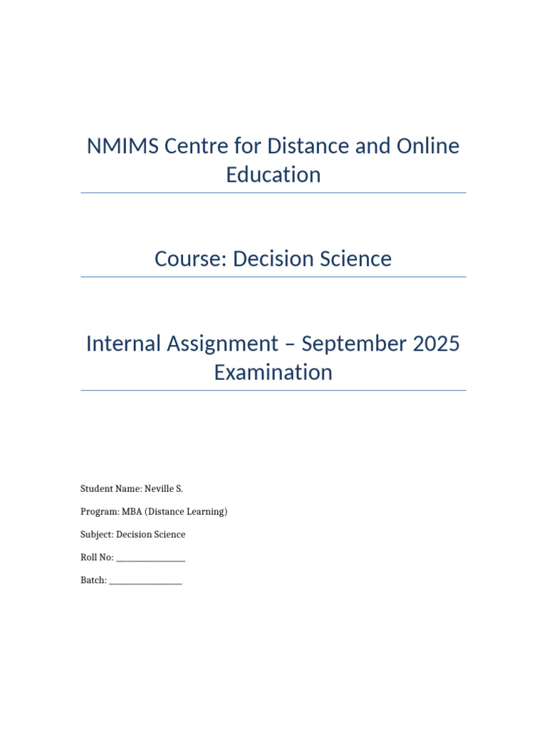 Decision Science Assignment Q2 | PDF
