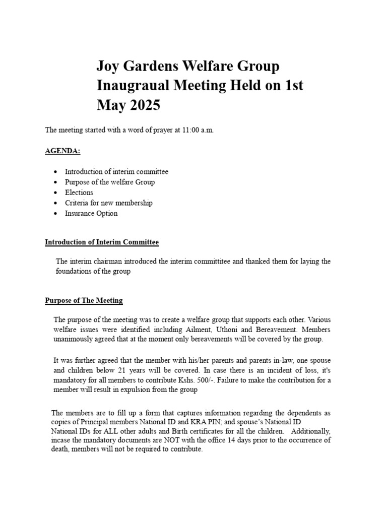 Joy Gardens Welfare Group Meeting Summary | PDF | Committee | Government