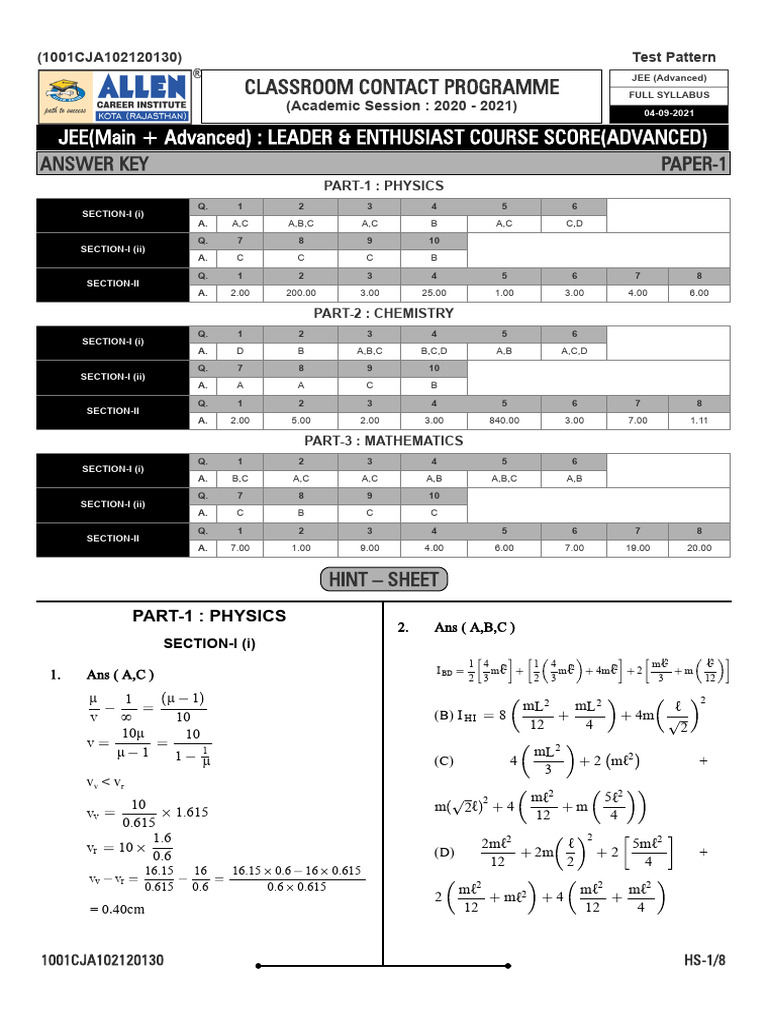 JEE Advanced 2021 Paper 1 Answer Key | PDF