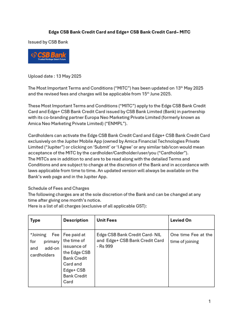 Edge CSB Bank RuPay Credit Card Mitc 2025 | PDF | Credit Card | Fee