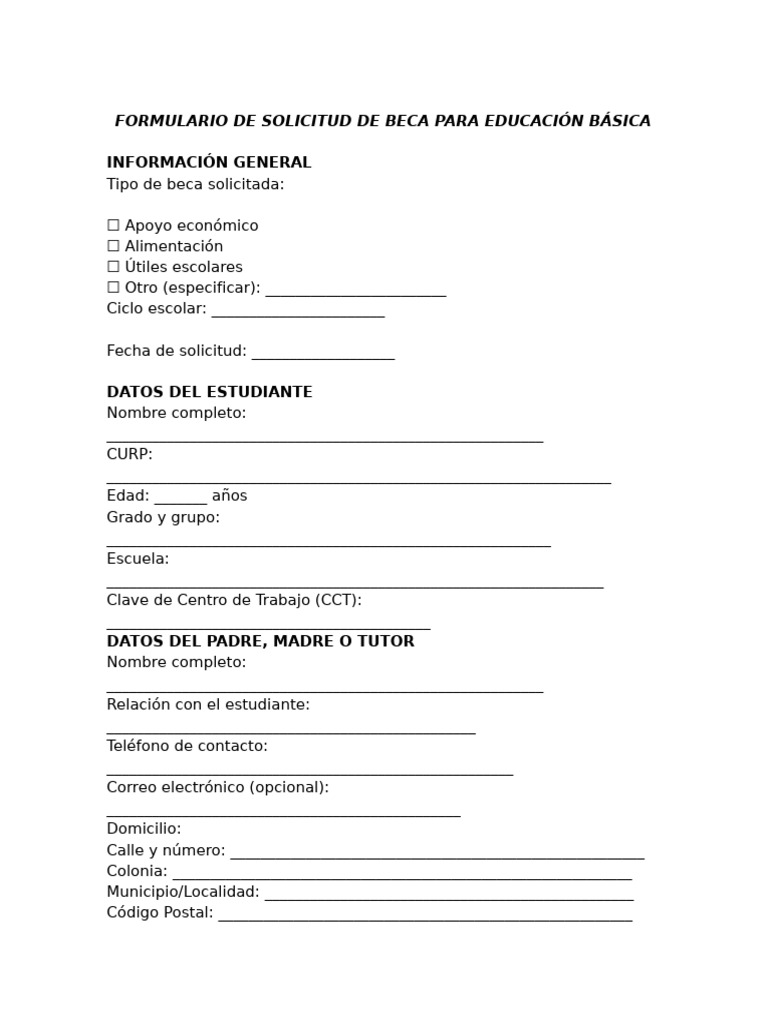 Formulario de Solicitud de Beca para Educación Básica | PDF