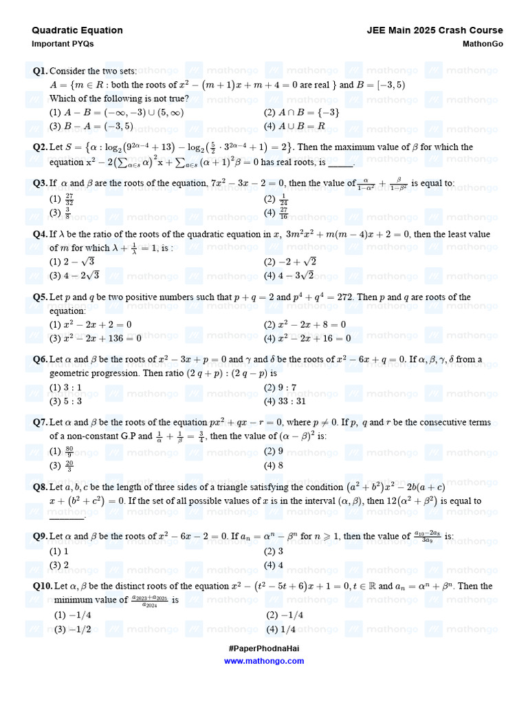 Quadratic Equations and Roots Analysis | PDF | Equations | Mathematical ...