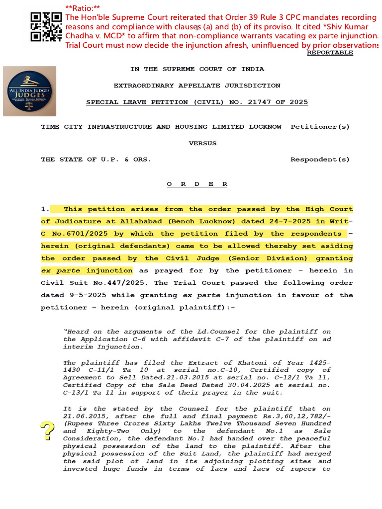 Hon'Ble Apex Court - Order 39 Rule 3 of CPC - 250818 - 111010 | PDF ...