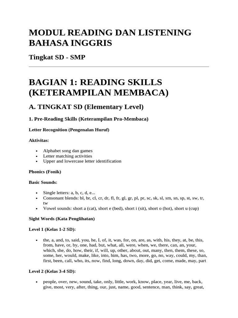 Reading and Listening Skills for SD-SMP | PDF | Reading Comprehension