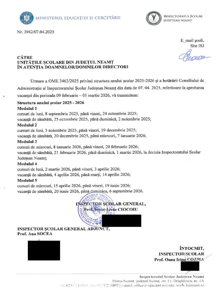 Structura Anului Scolar 2025 2026 NEAMT | PDF