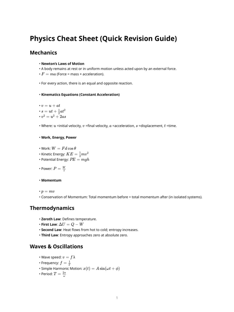 Physics Cheat Sheet | PDF