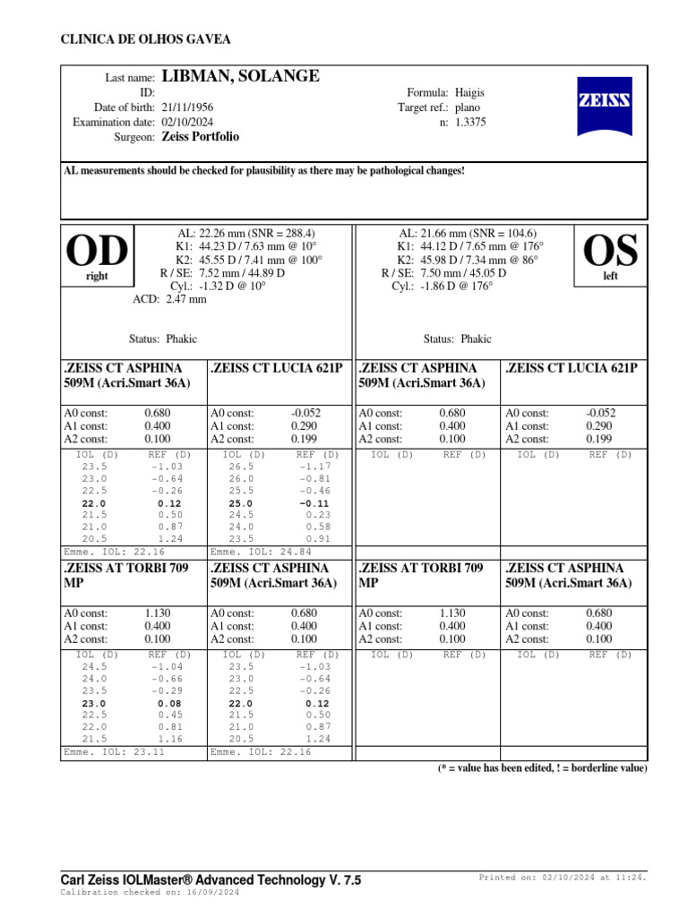 Eye Clinic Gavea IOL Measurements Report | PDF | Light | Lenses