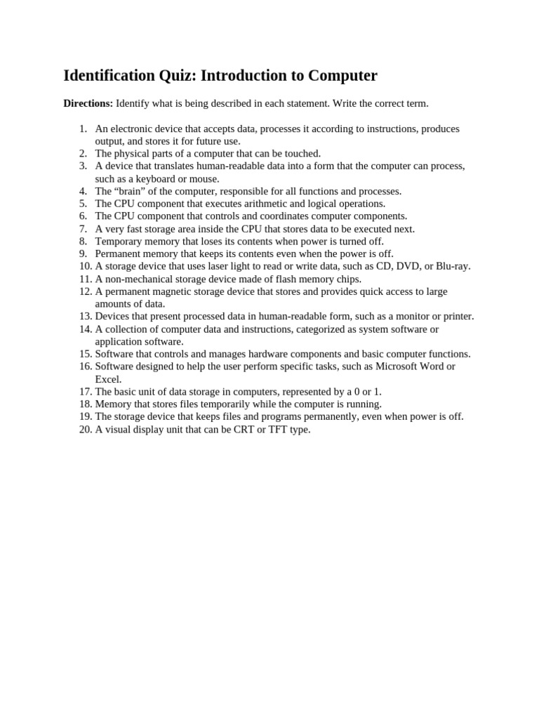 Computer Basics Identification Quiz | PDF