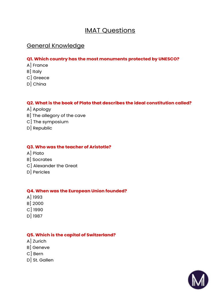 IMAT General Knowledge Quiz Questions | PDF