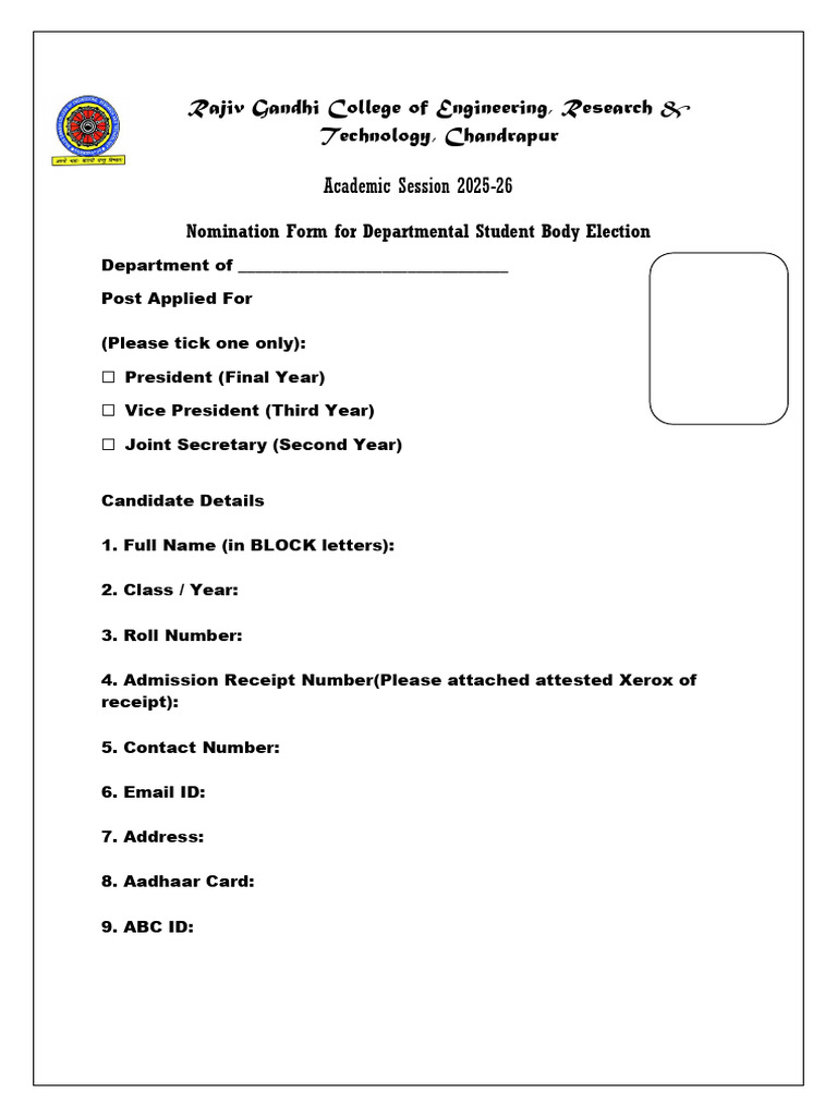 Student Body Election Nomination Form | PDF
