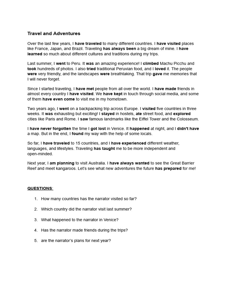 Travel Experiences in Present Perfect | PDF