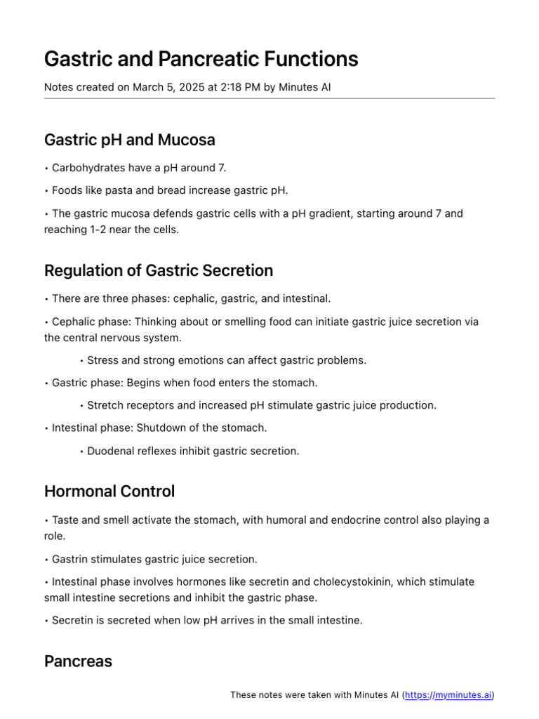 Gastric and Pancreatic Digestive Functions | PDF | Pancreas | Stomach
