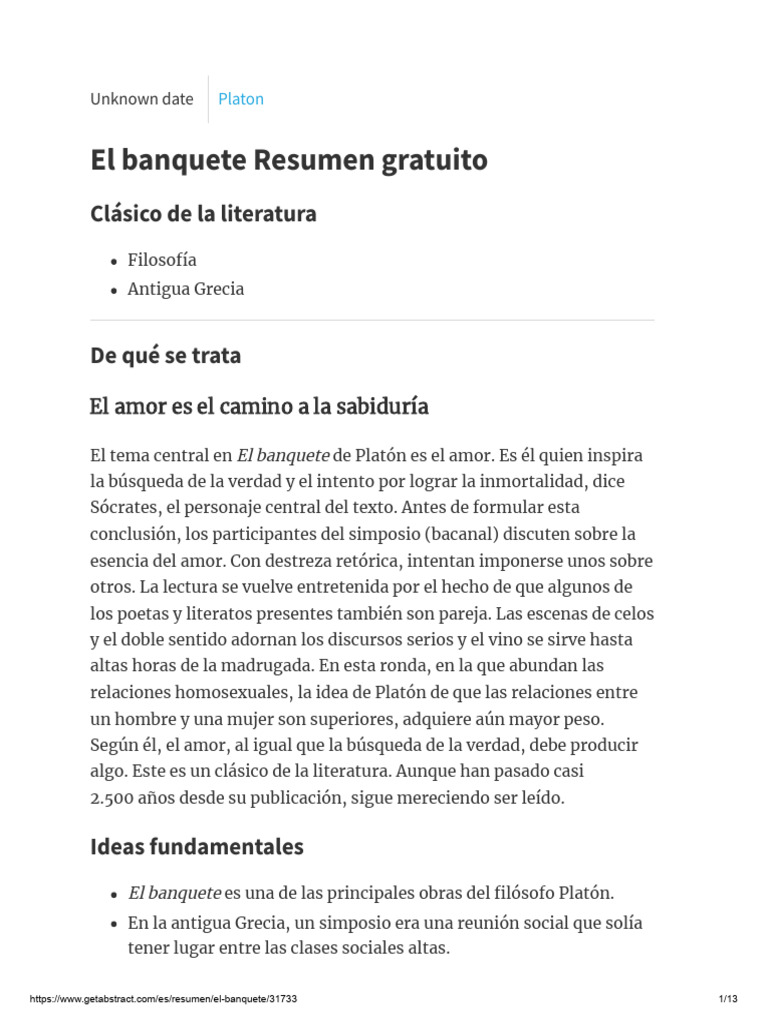 Resumen de El Banquete de Platón | PDF | Simposio (Platón) | Platón