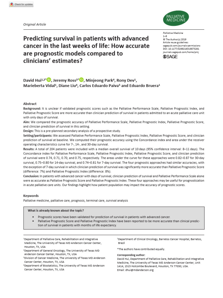 Survival Prediction in Advanced Cancer | PDF | Palliative Care | Prognosis