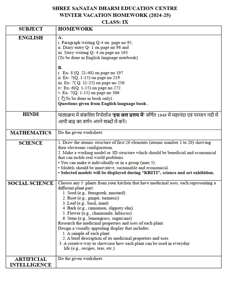 Class Ix Winter HHW (2024-25) | PDF | Plants | Botany