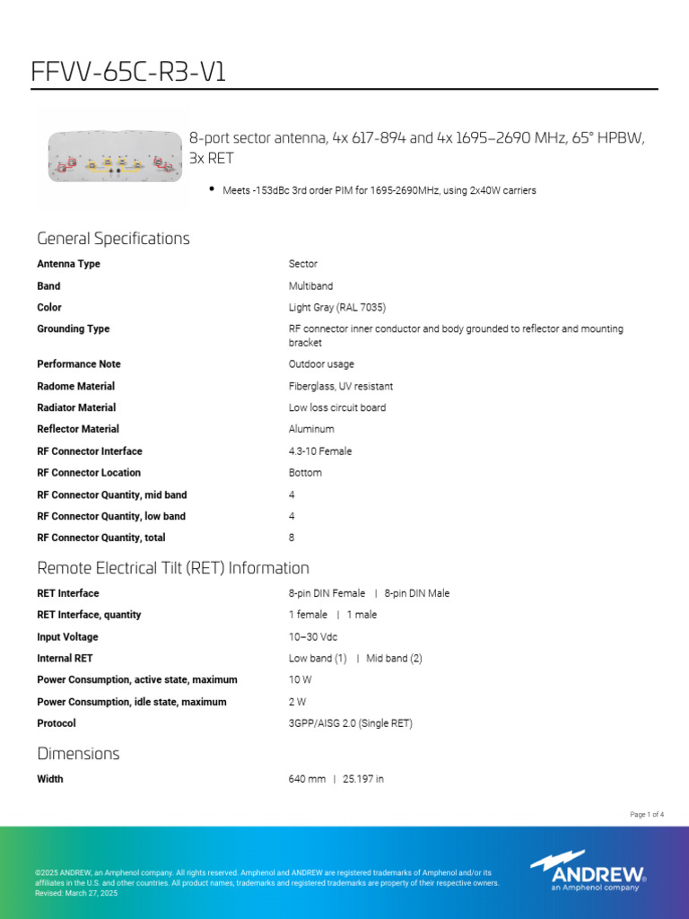 FFVV-65C-R3-V1 Sector Antenna Specs | PDF | Antenna (Radio ...