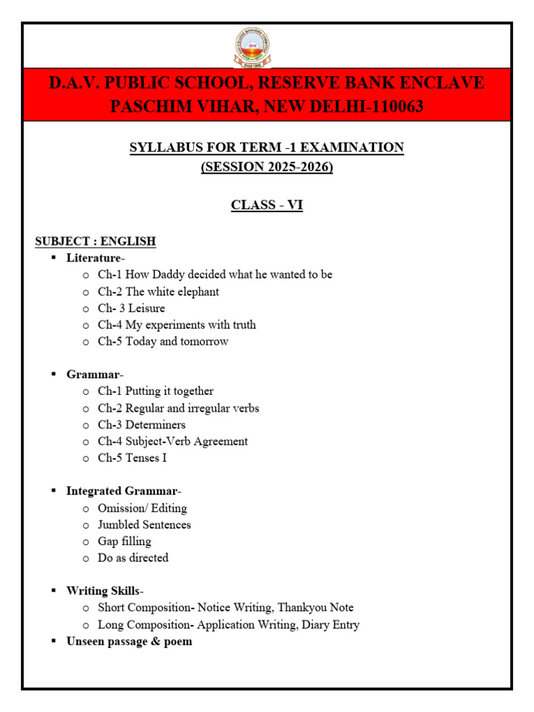 Class VI Term 1 Syllabus 2025-2026 | PDF