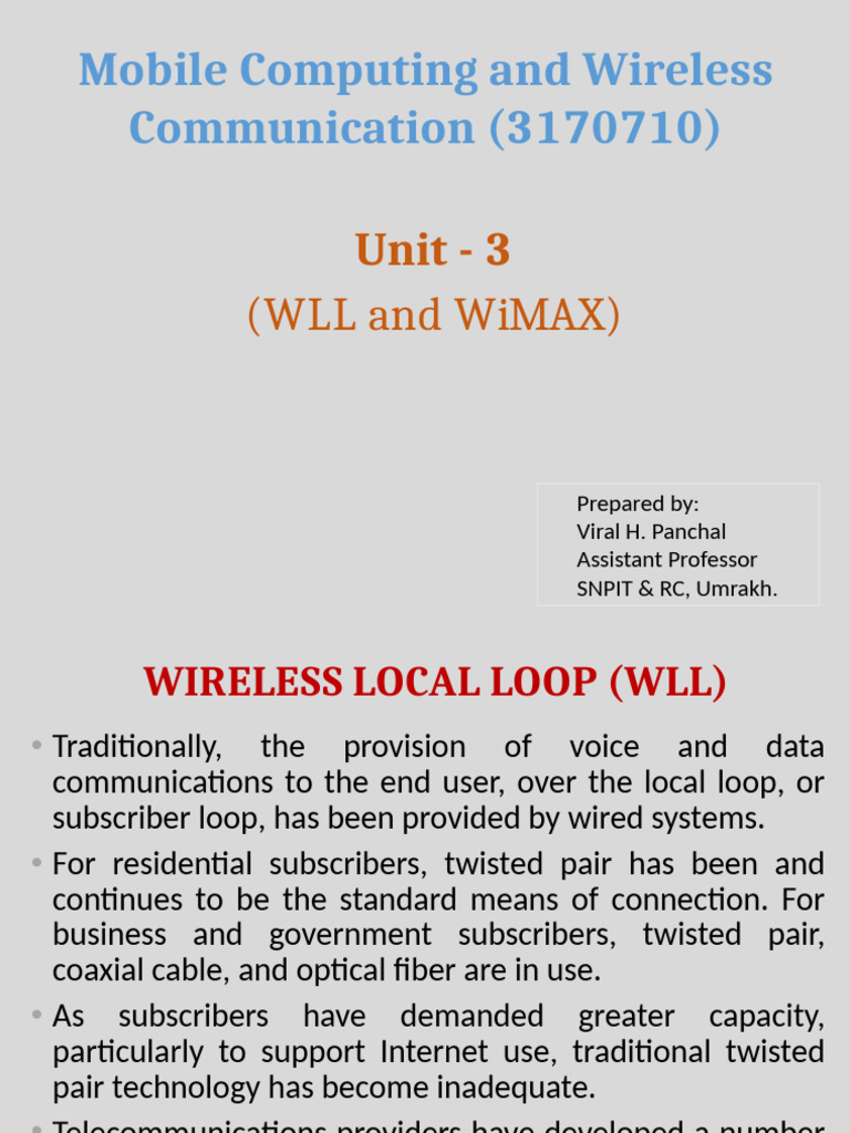 Unit - 3 (WLL and Wimax) | PDF | Wi Max | Wi Fi