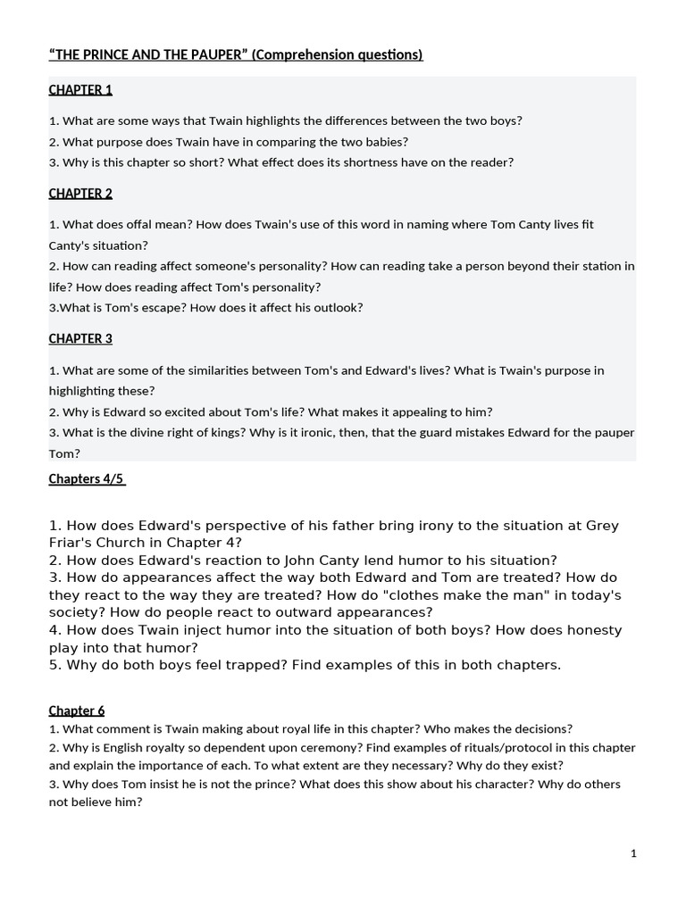 Comprehension Questions for "The Prince and the Pauper" | PDF | The ...