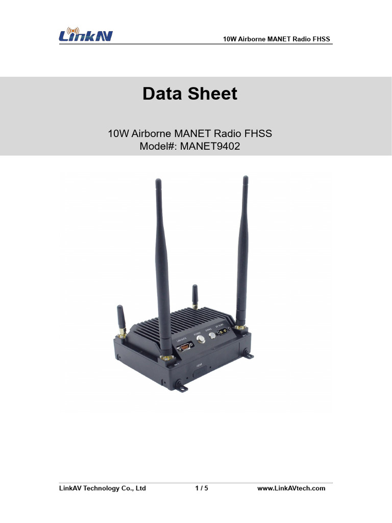 10W Airborne MANET Radio Data Sheet | PDF | Wireless Ad Hoc Network | Radio