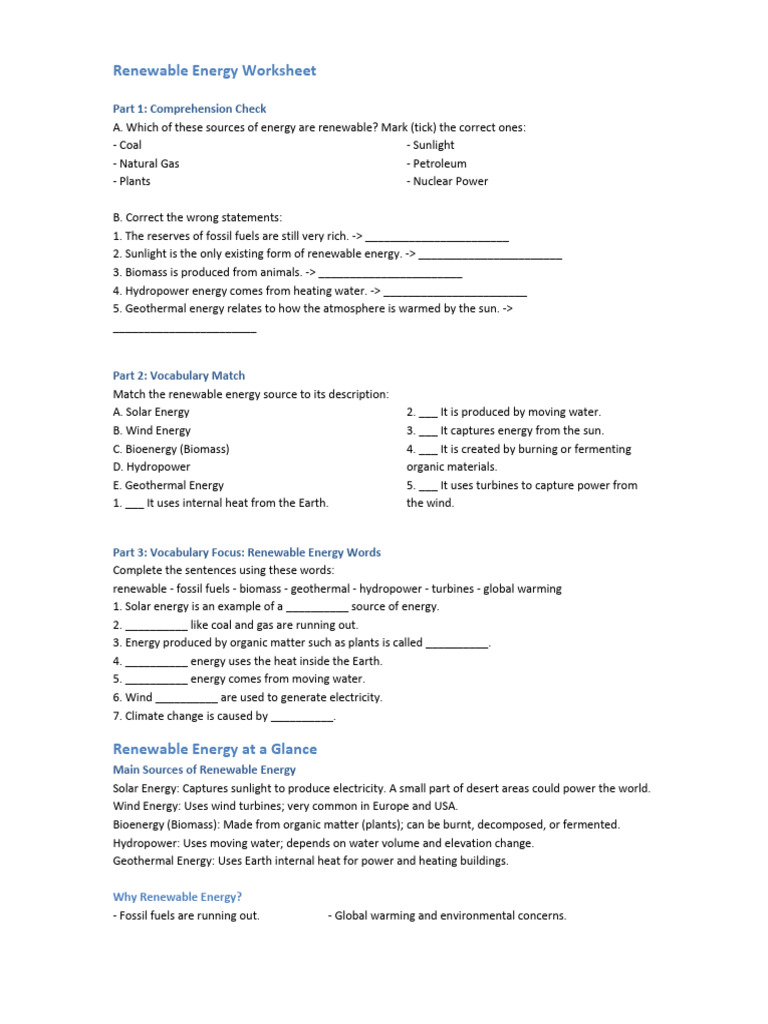 Renewable Energy Worksheet Guide | PDF | Renewable Energy | Energy ...