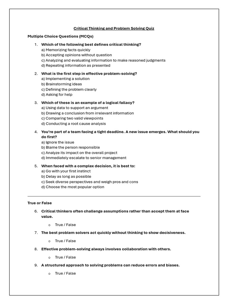 Critical Thinking & Problem Solving Quiz | PDF | Critical Thinking | Thought