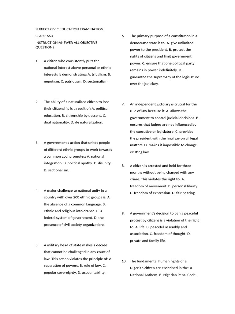 Civic Education Exam Objectives | PDF | Rule Of Law | Accountability