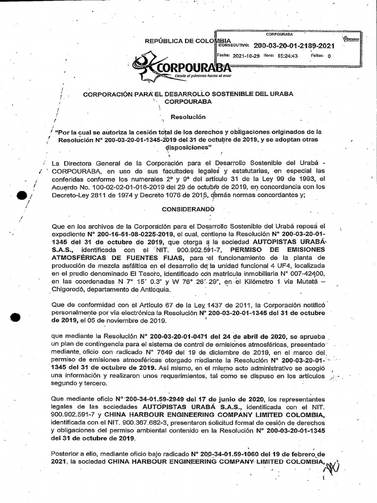 Res 2189_Cesion Permiso Emisiones Atmosf Planta Asfalto Mutata | PDF