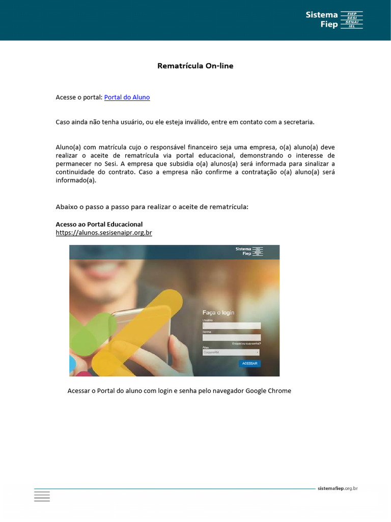 Tutorial Rematrícula Portal Educacional Sesi | PDF