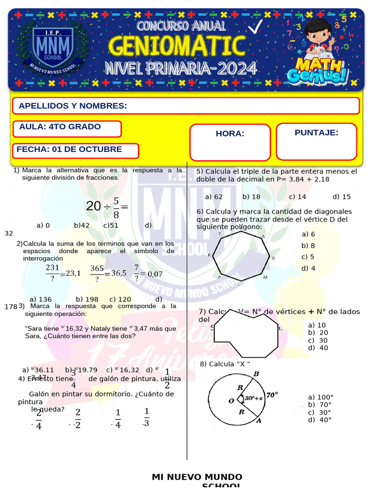 Concurso Matematica - 4TO Grado | PDF | Geometría Elemental | Geometría euclidiana