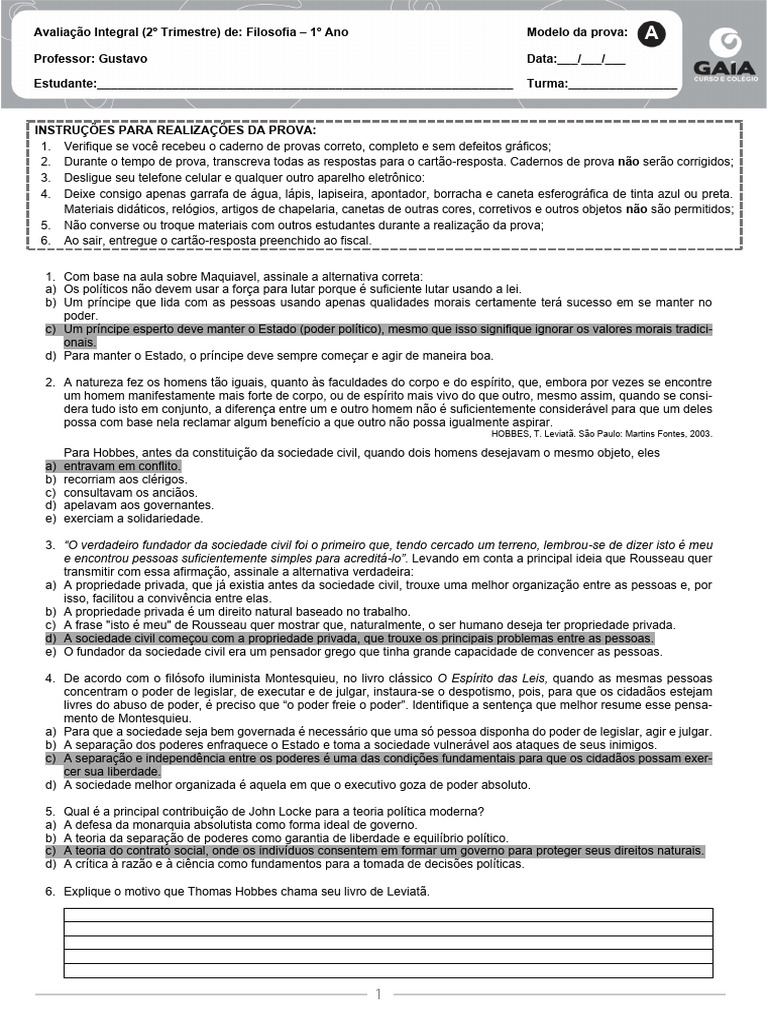 Ait2 - Filosofia - 1º Ano (A) (Gabarito) | PDF | Montesquieu | Jean ...