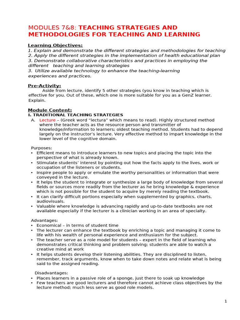 MODULES 7 8 Teaching Strategies | PDF | Learning | Educational Technology