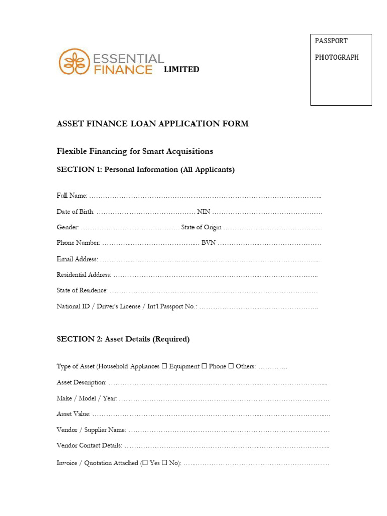 Asset Finance Loan Application Form | PDF | Business | Business Economics