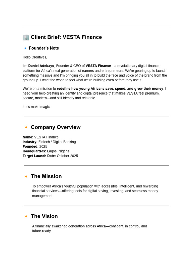? Client Brief - VESTA Finance | PDF | Brand | Computing
