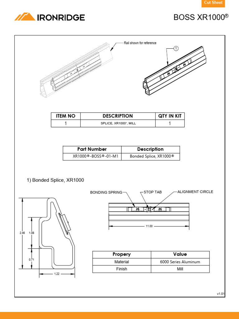 IronRidge Cut Sheet XR1000 BOSS Bonded Structural Splice | PDF