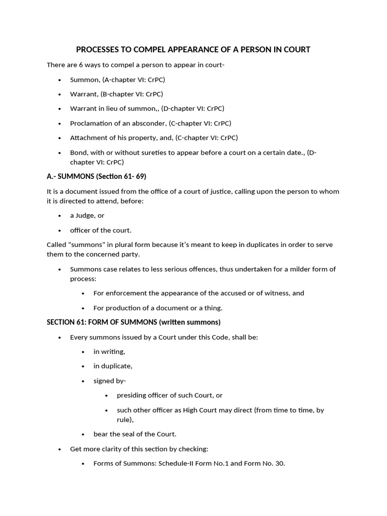 Processes To Compel Appearance of A Person in Court | PDF | Arrest ...