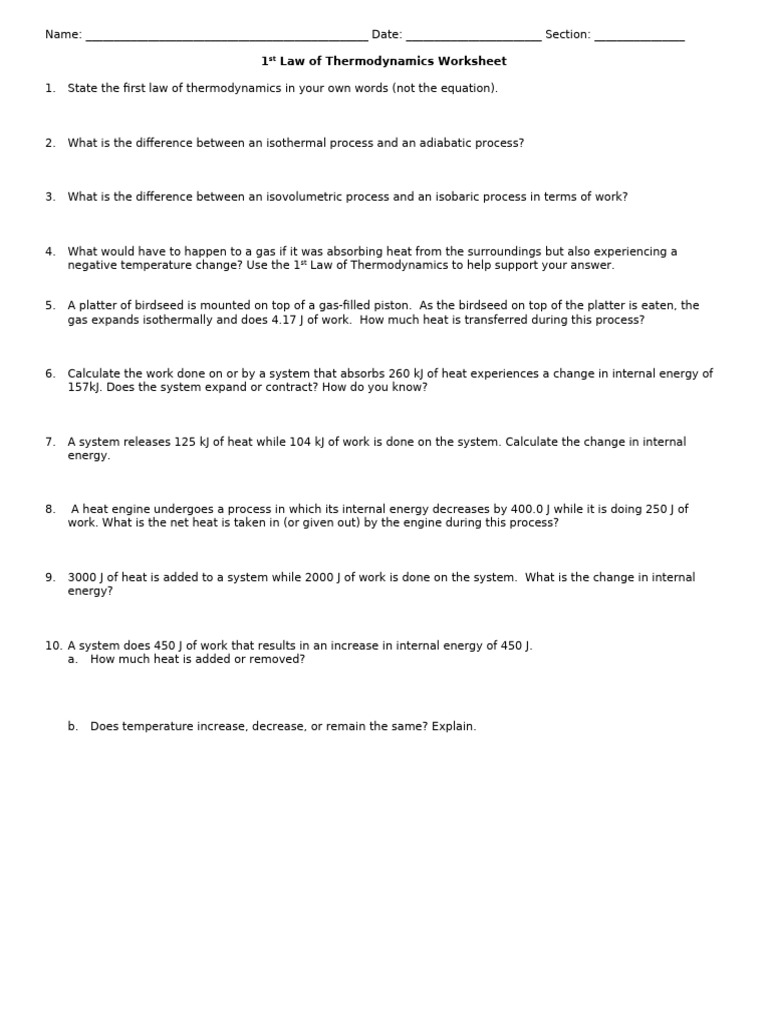1st Law of Thermodynamics Worksheet | PDF