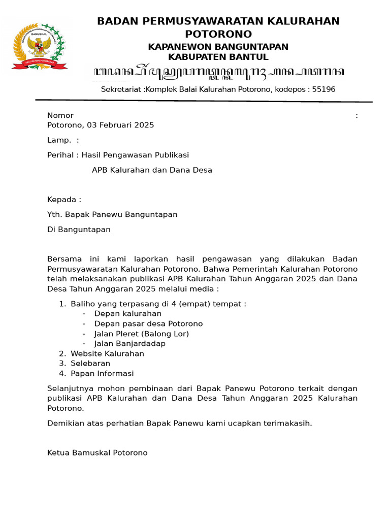 Pengawasan Publikasi APB Kalurahan 2025 | PDF
