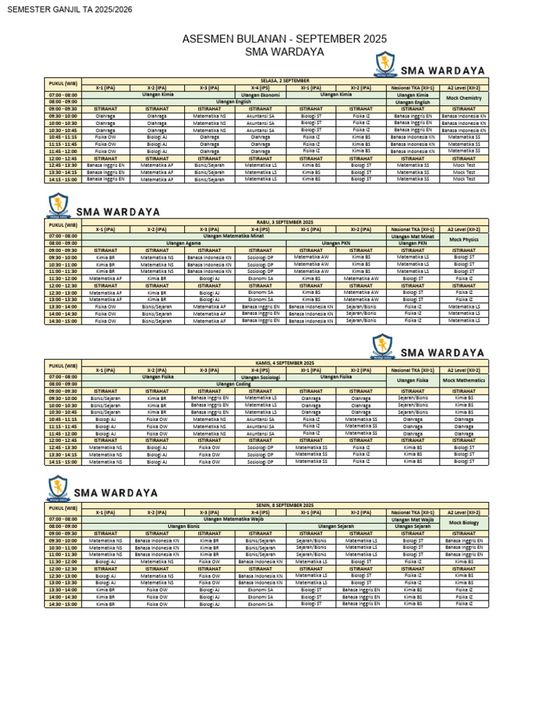 Jadwal Ulangan dan Asesmen SMA Wardaya | PDF