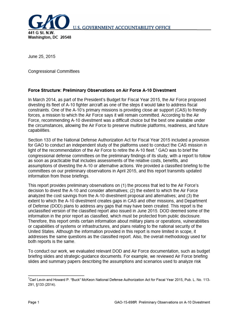 A-10 Divestment: GAO Preliminary Observations | PDF | Government ...