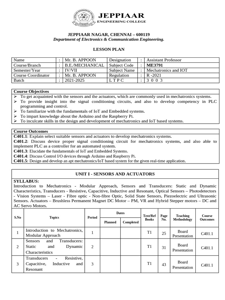 Ece Lesson Plan Me3791 Vii Sem Ay 24-25 | PDF | Amplifier | Mechatronics