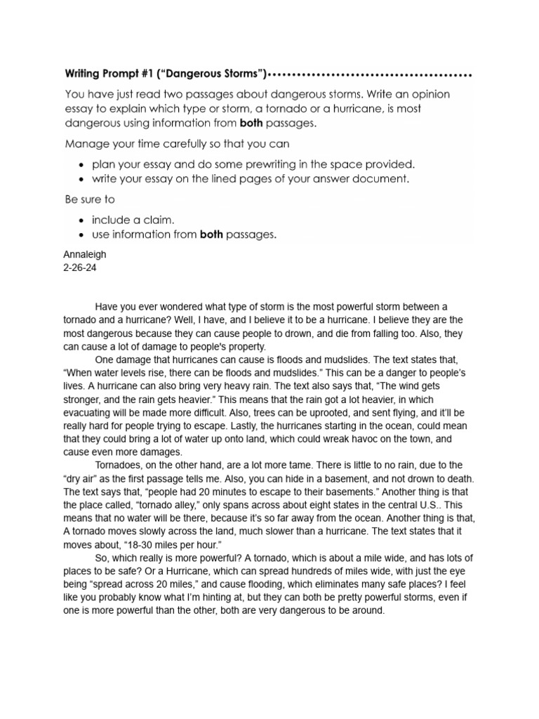 Writing Prompt #1 Dangerous Storms - Opinion | PDF