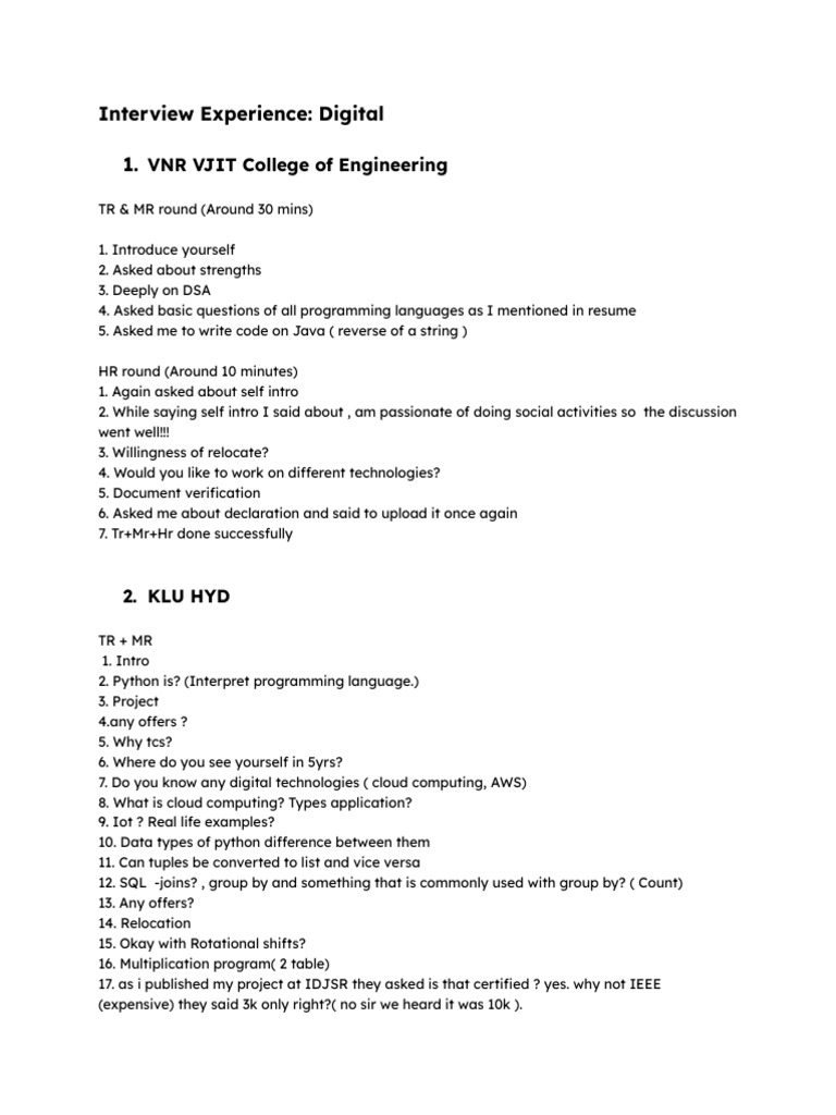 TCS Digital Interview Insights | PDF | Sql | Computing