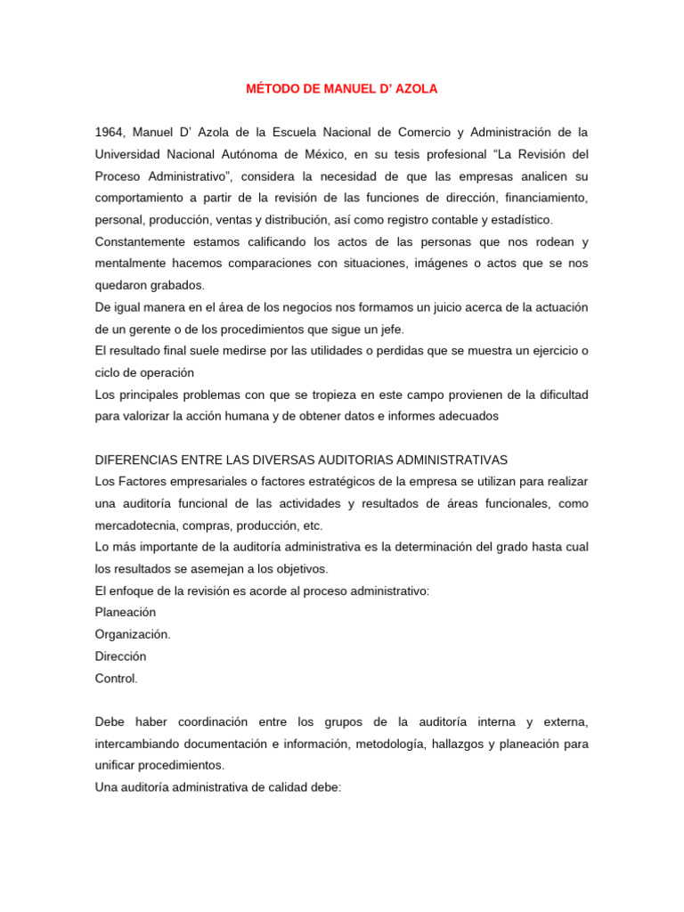 Método de Revisión Administrativa de D'Azola | PDF | Business | Auditoría